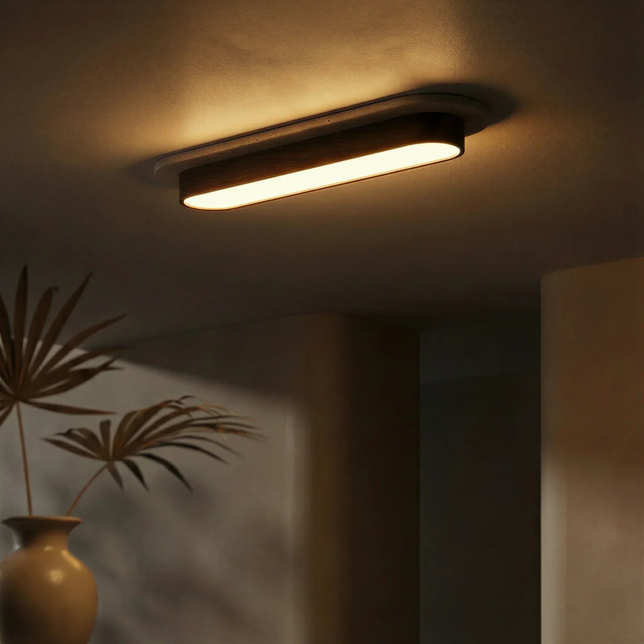 The Strata | Travertine & Wood Ceiling Fixture | Luminor Arc